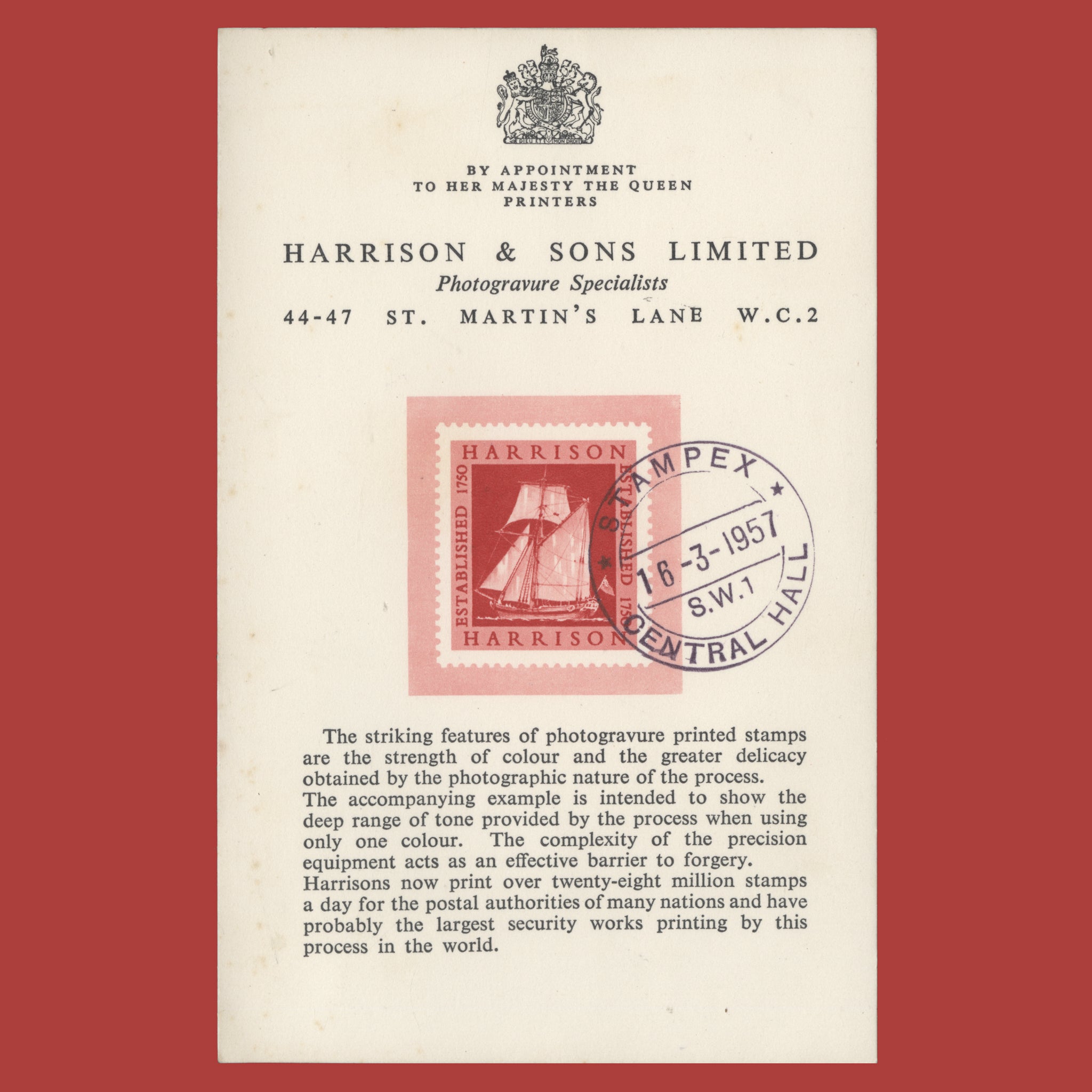 Great Britain 1957 Stampex, London first day souvenir card – ZEBOOSE.COM
