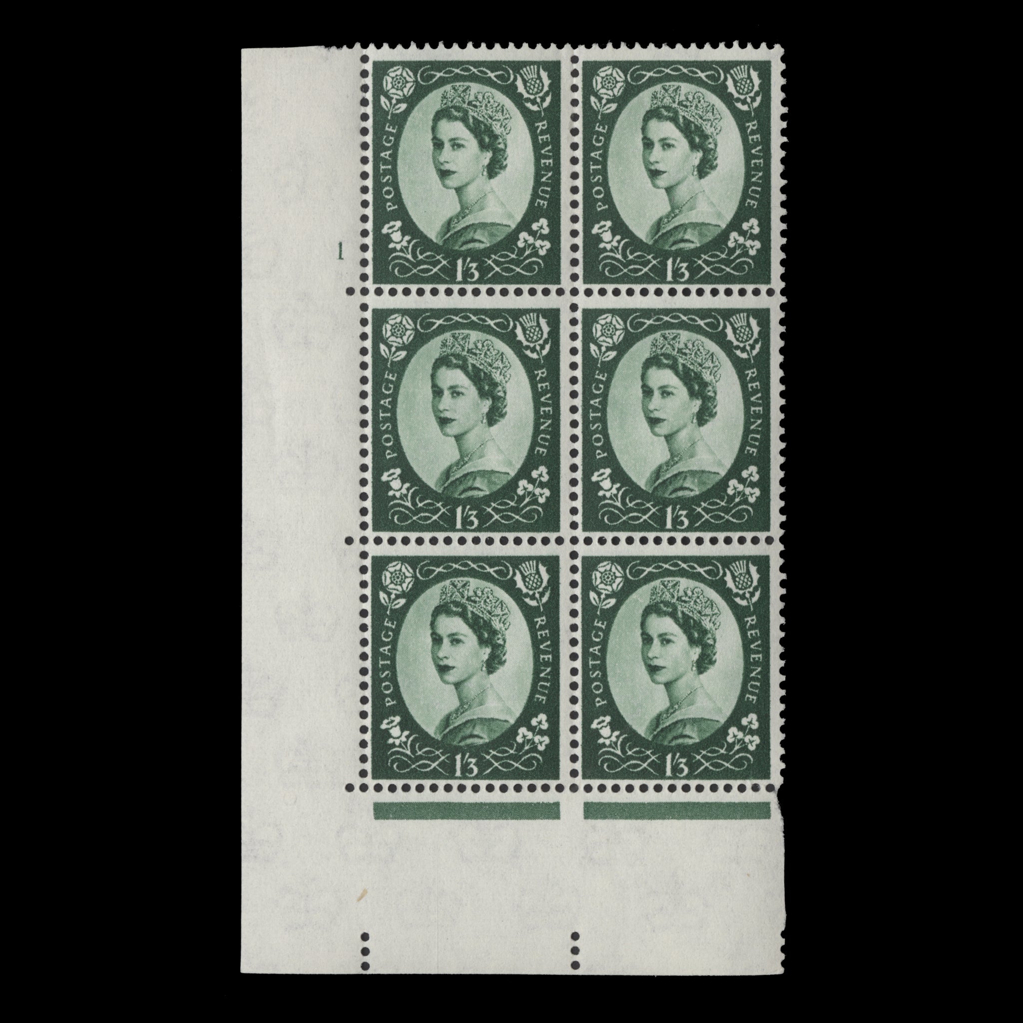 Great Britain 1959 (MLH) 1s3d Green cylinder 1 block, multiple crowns – ZEBOOSE.COM
