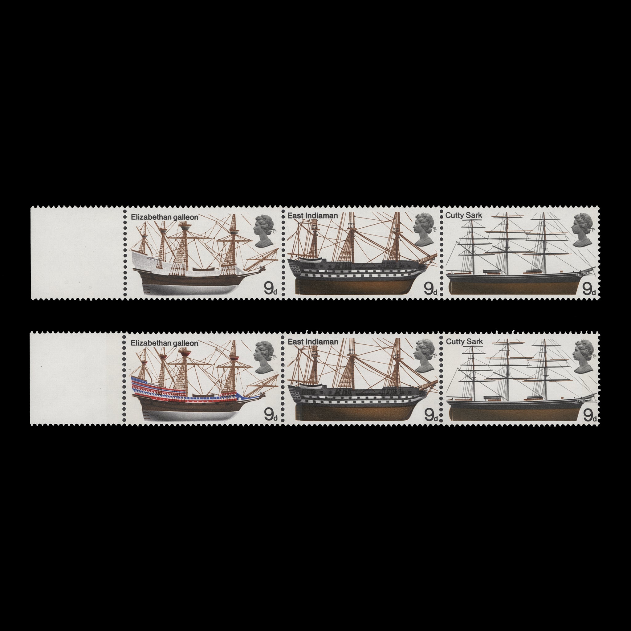 Great Britain 1969 (Variety) 9d British Ships strip missing blue, red ...