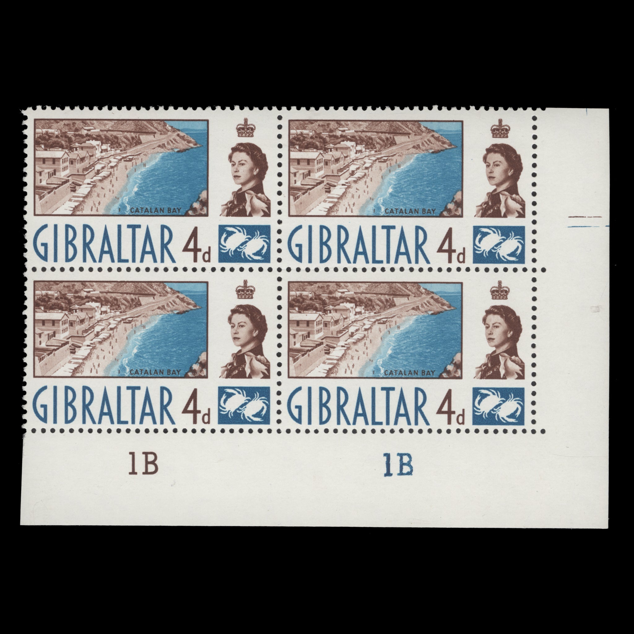 Gibraltar 1966 (MNH) 4d Catalan Bay plate 1B–1B block, sideways ...