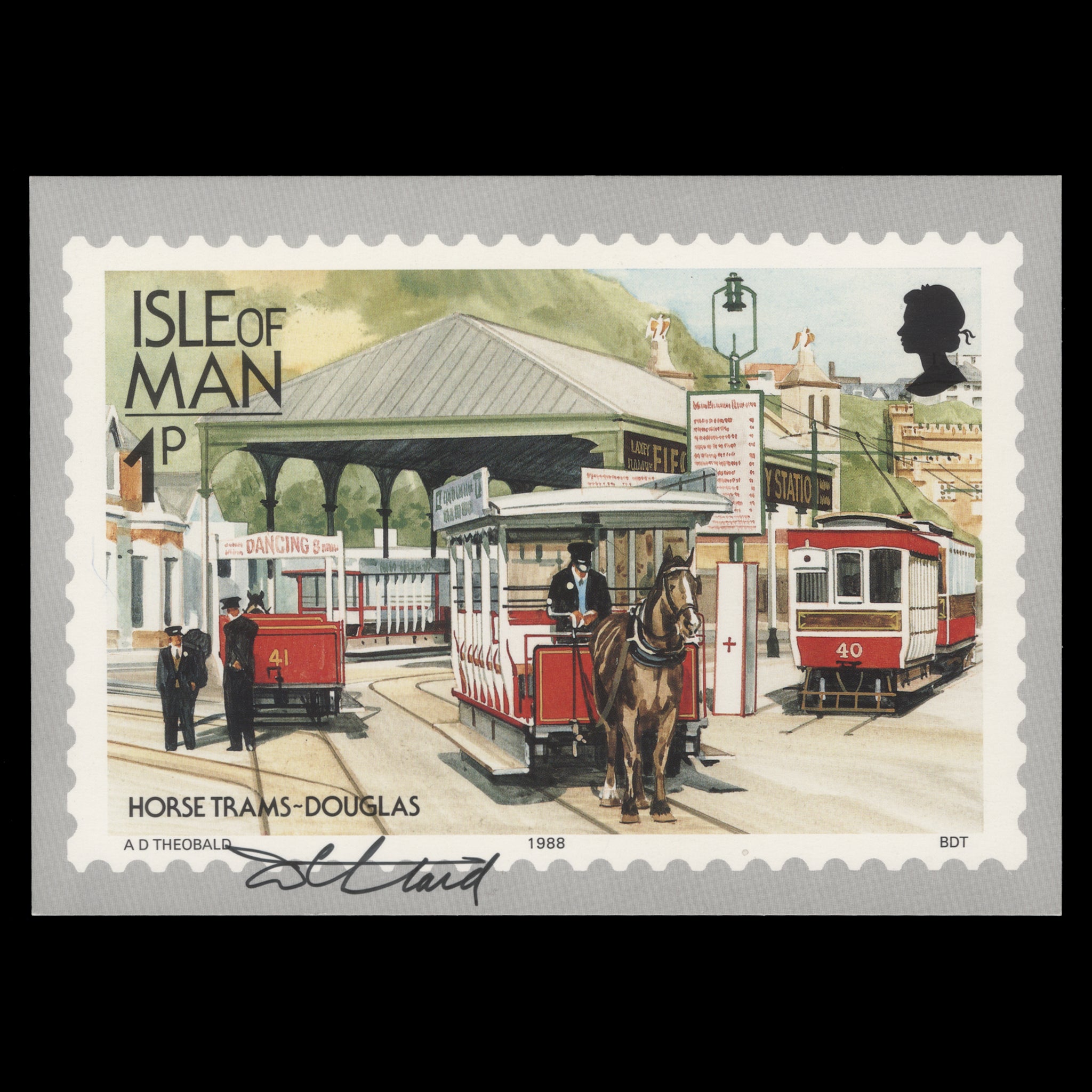 Isle of Man 1988 Douglas Horse Trams PHQ card signed by stamp designer ...