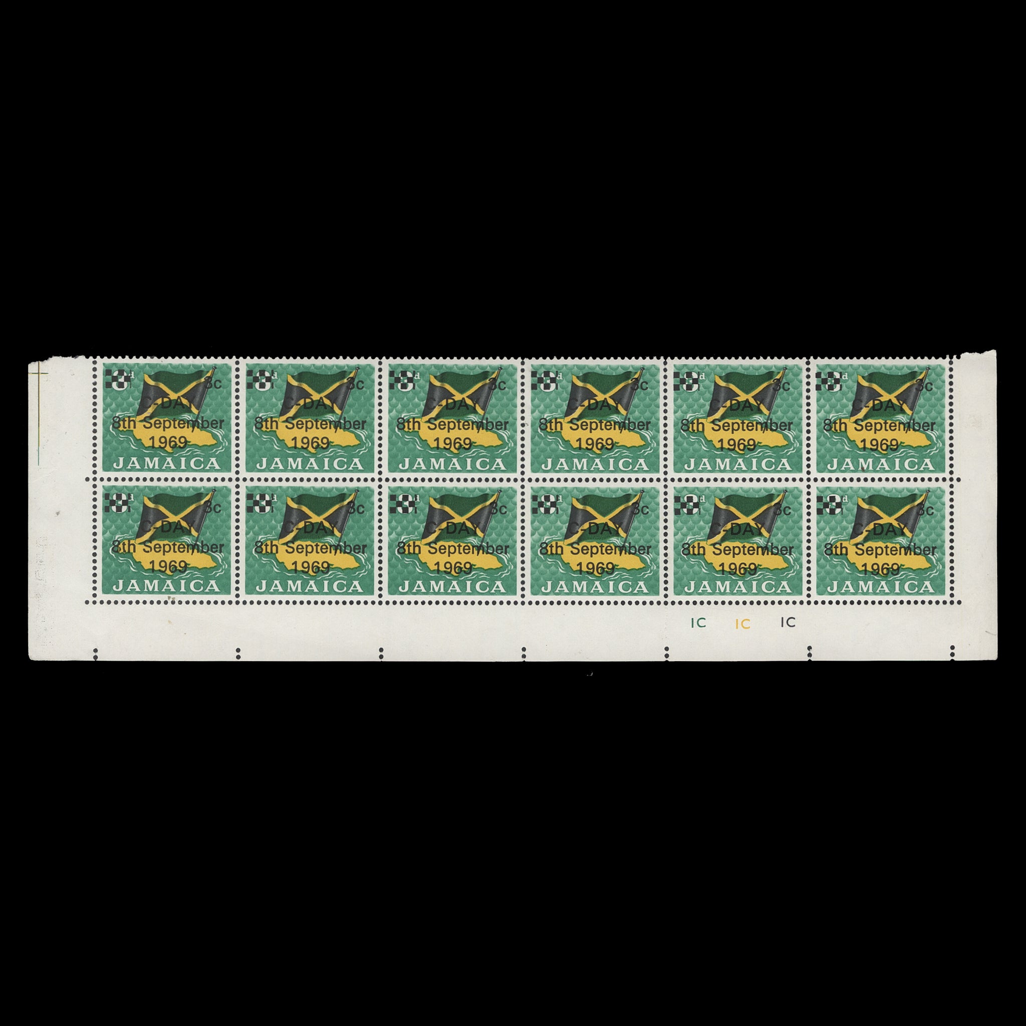 Jamaica 1969 (MNH) 3c/3d Flag and Map plate 1C–1C–1C block – ZEBOOSE.COM