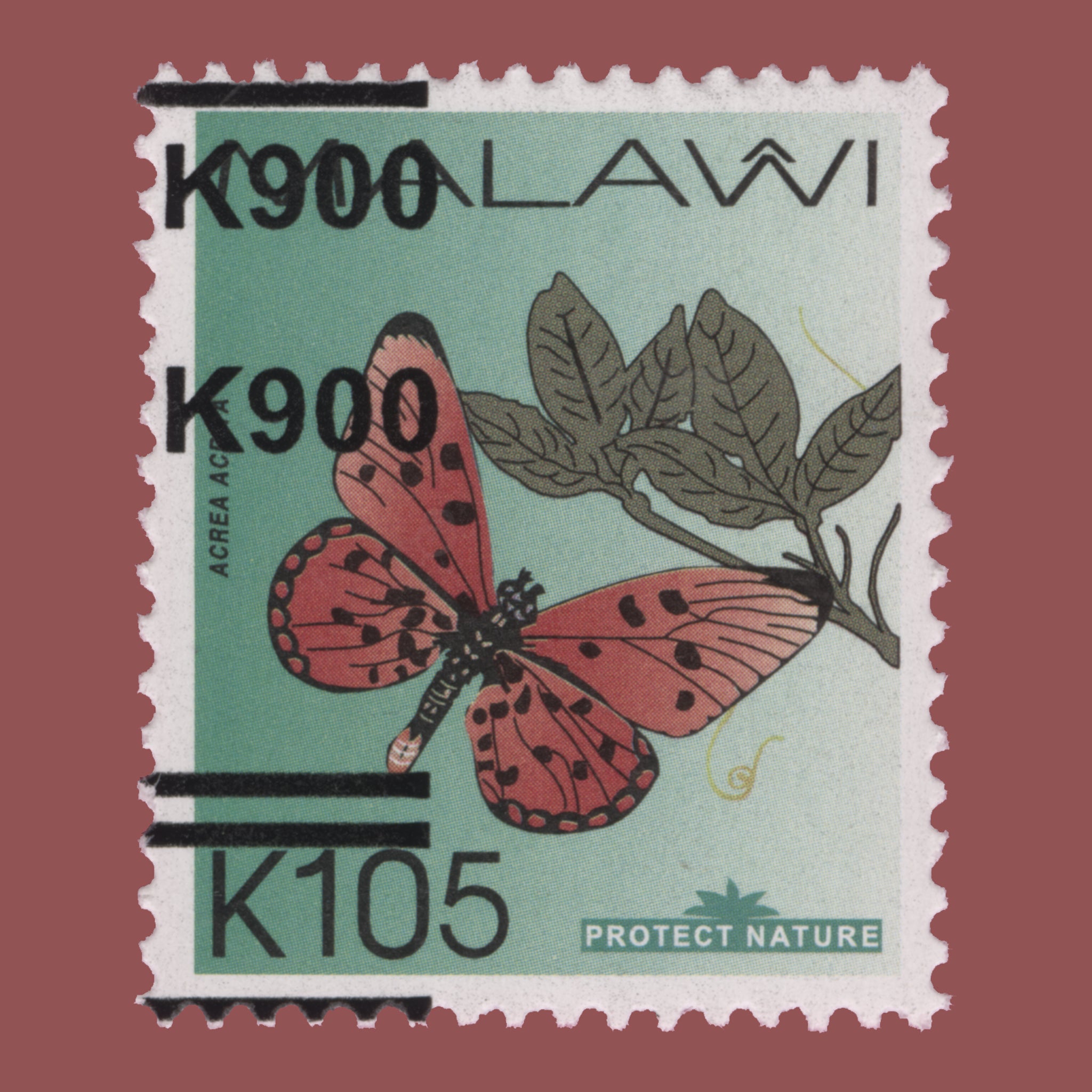 Malawi 2022 (Variety) K900/K105 Acraea Acrita with double surcharge ...