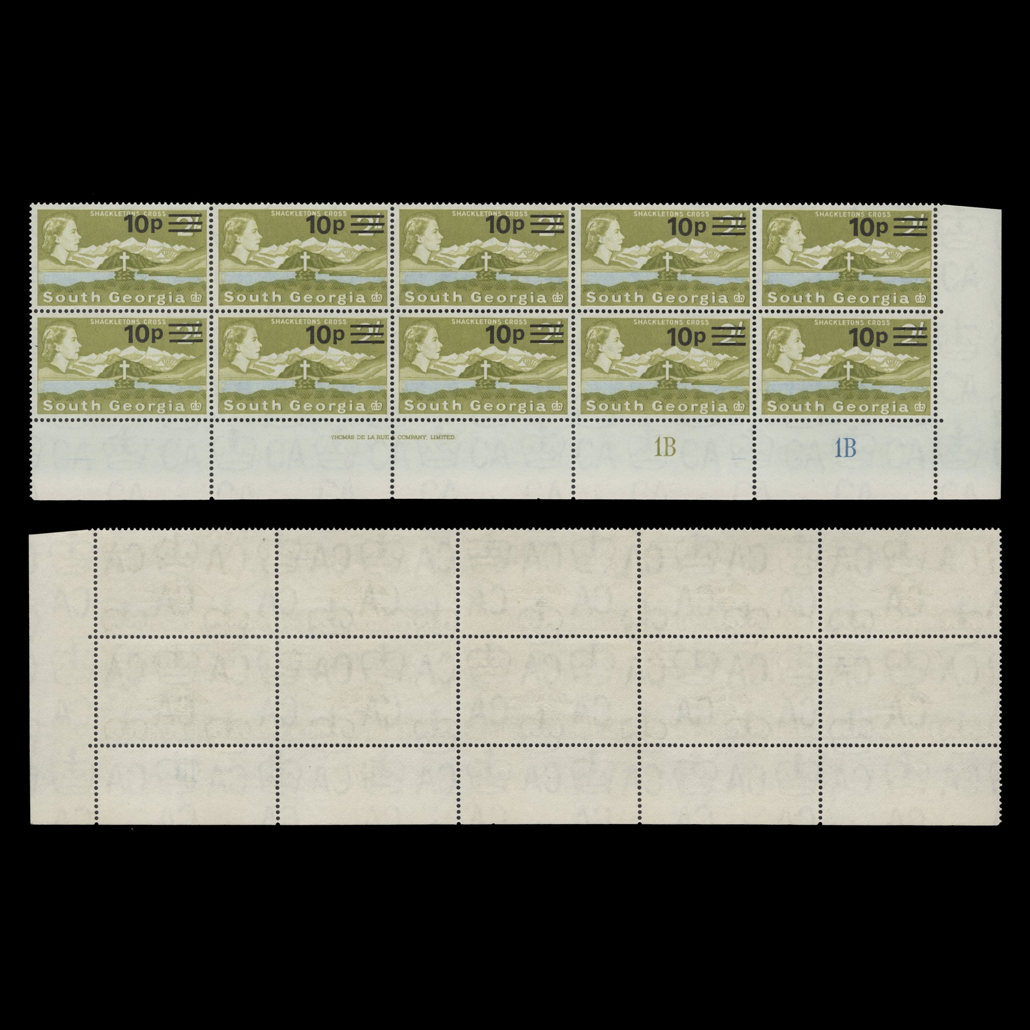 South Georgia 1971 (MNH) 10p/2s Shackleton's Cross imprint/plate 1B–1B ...