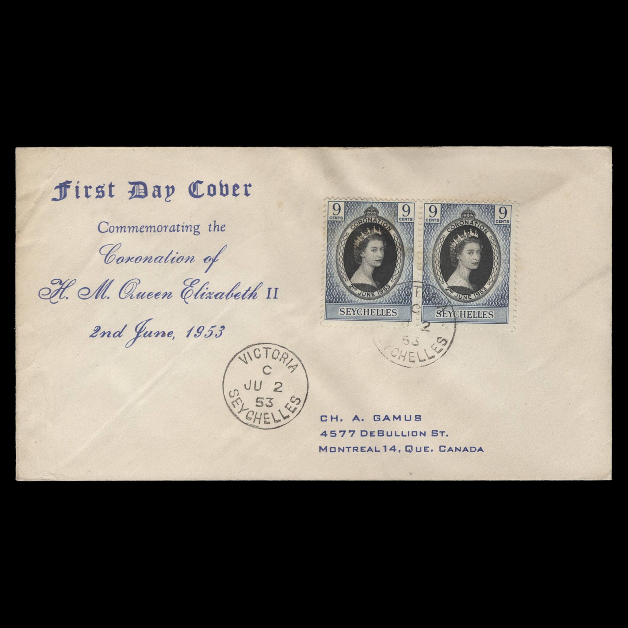 Seychelles 1953 (FDC) 9c Coronation pair, VICTORIA – ZEBOOSE.COM