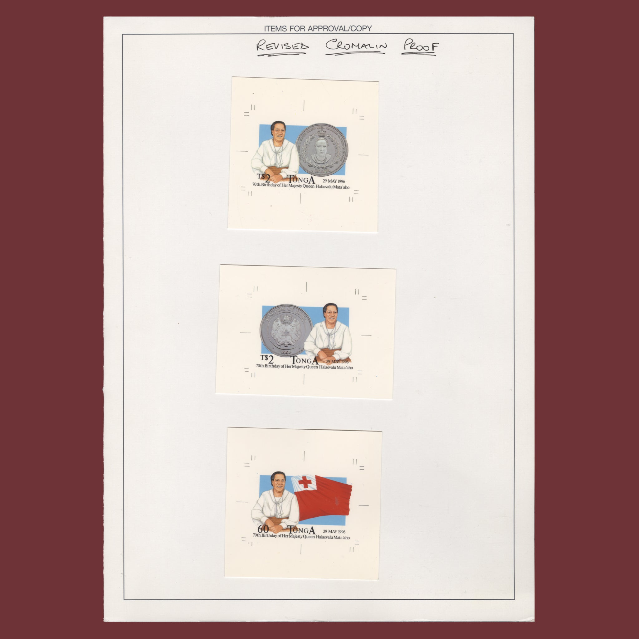 Tonga 1996 Queen Halaevalu Mata'aho's Birthday proofs in Walsall folder ...