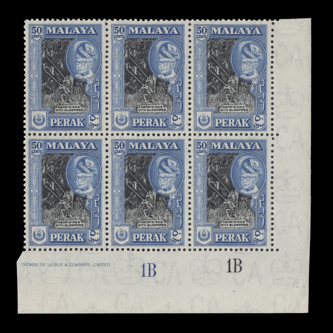 Perak 1957 (MLH) 50c Aborigines with Blowpipes plate 1B–1B block ...