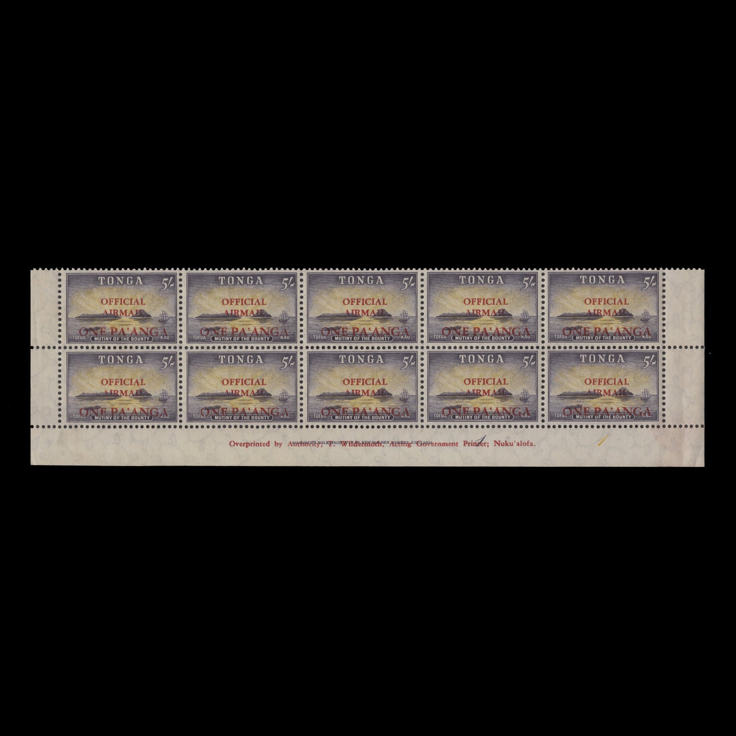 Tonga 1967 (Official) P1/5s Mutiny of the Bounty imprint/plate block ...