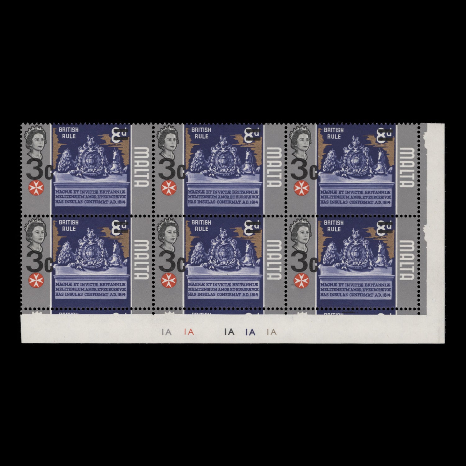 Malta 1972 (Variety) 3c/8c British Rule plate block missing gold ...