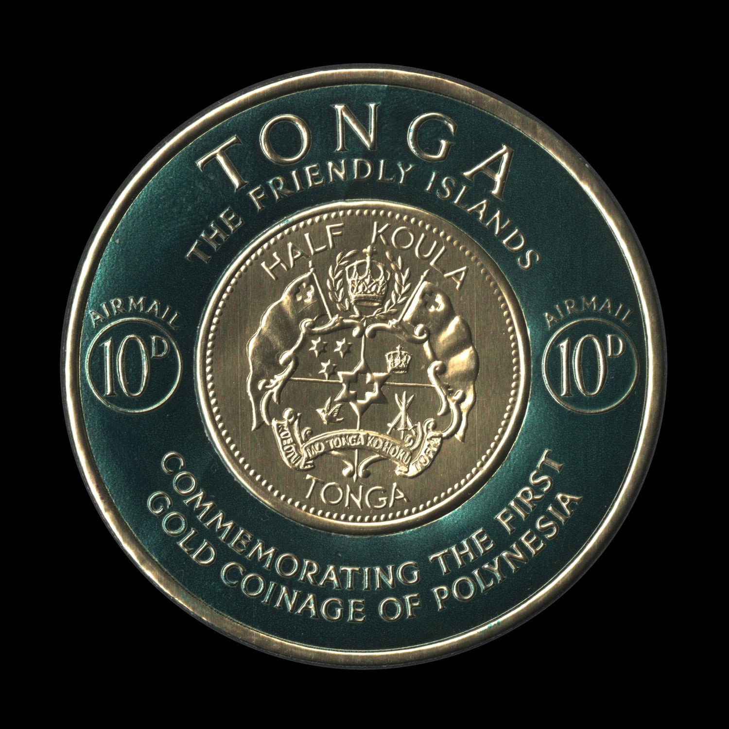 Tonga 1963 (Trial) 10d Gold Coinage Commemoration, blue-green – ZEBOOSE.COM