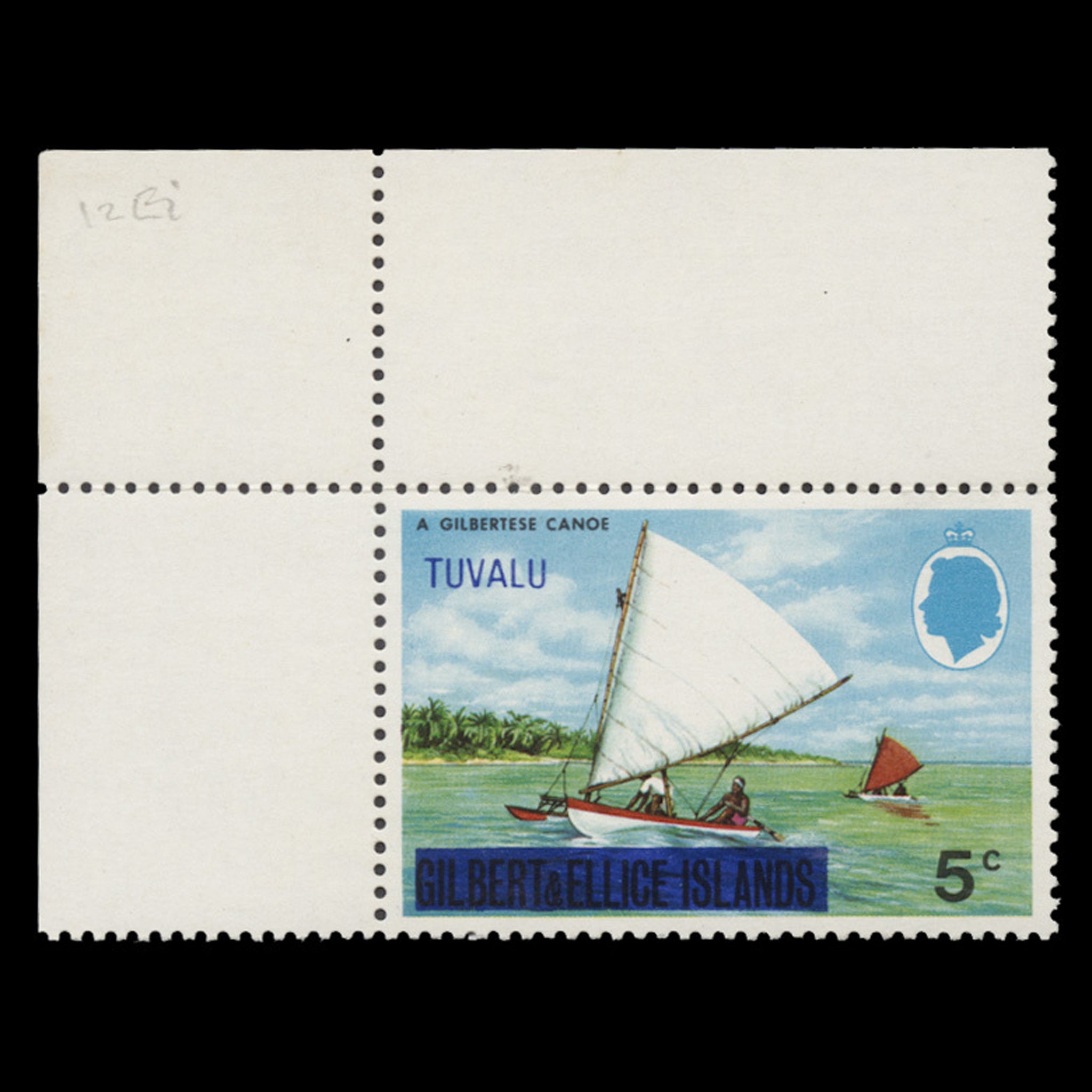 Tuvalu 1976 (Variety) 5c Gilbertese Canoe with watermark to right ...