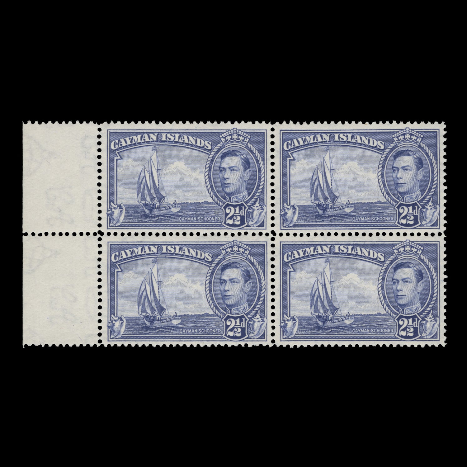 Cayman Islands 1938 (Variety) 2½d Schooner block with double frame ...