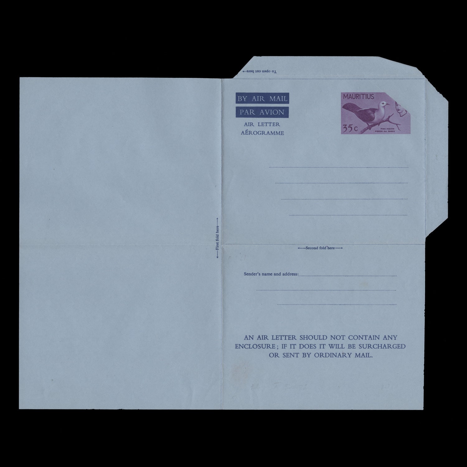 Mauritius 1965 (Variety) 35c Pink Pigeon aerogramme missing corner of ...
