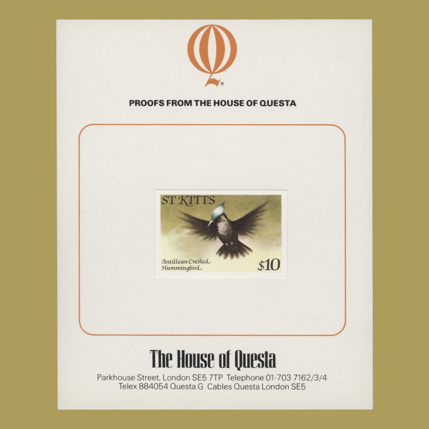 Saint Kitts 1981 Crested Hummingbird imperf proof single on presentati ...