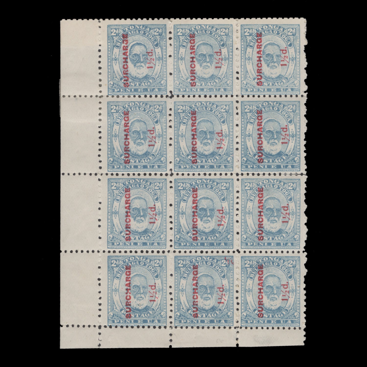 Tonga 1895 (Variety) 1½d/2d King George I block, perf 12 x 11, deformed ...