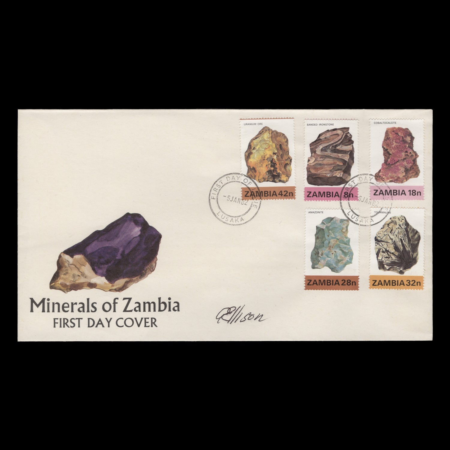 Zambia 1982 Minerals first day cover signed by designer Gabriel Ellison ...
