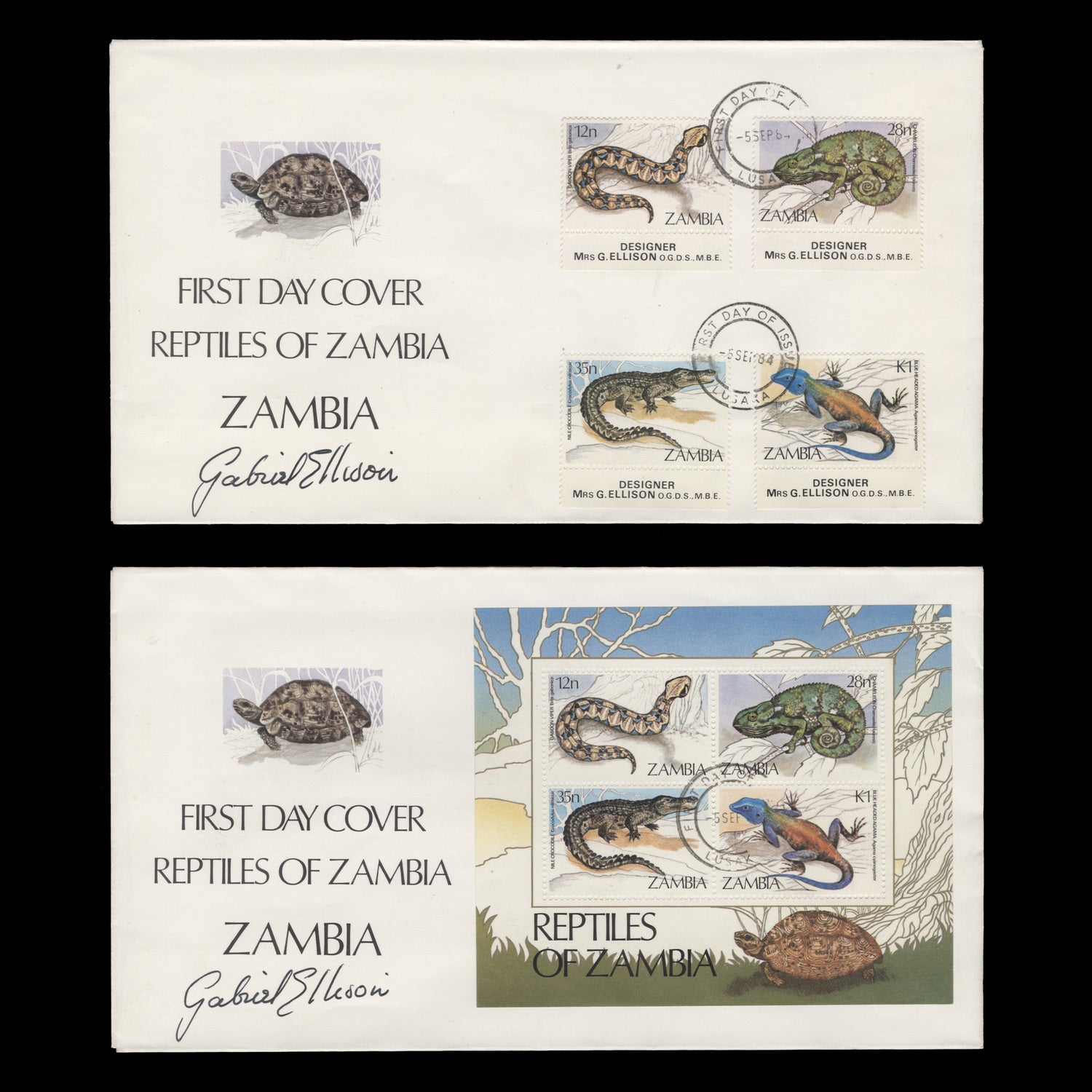 Zambia 1984 Reptiles first day covers signed by designer Gabriel ...