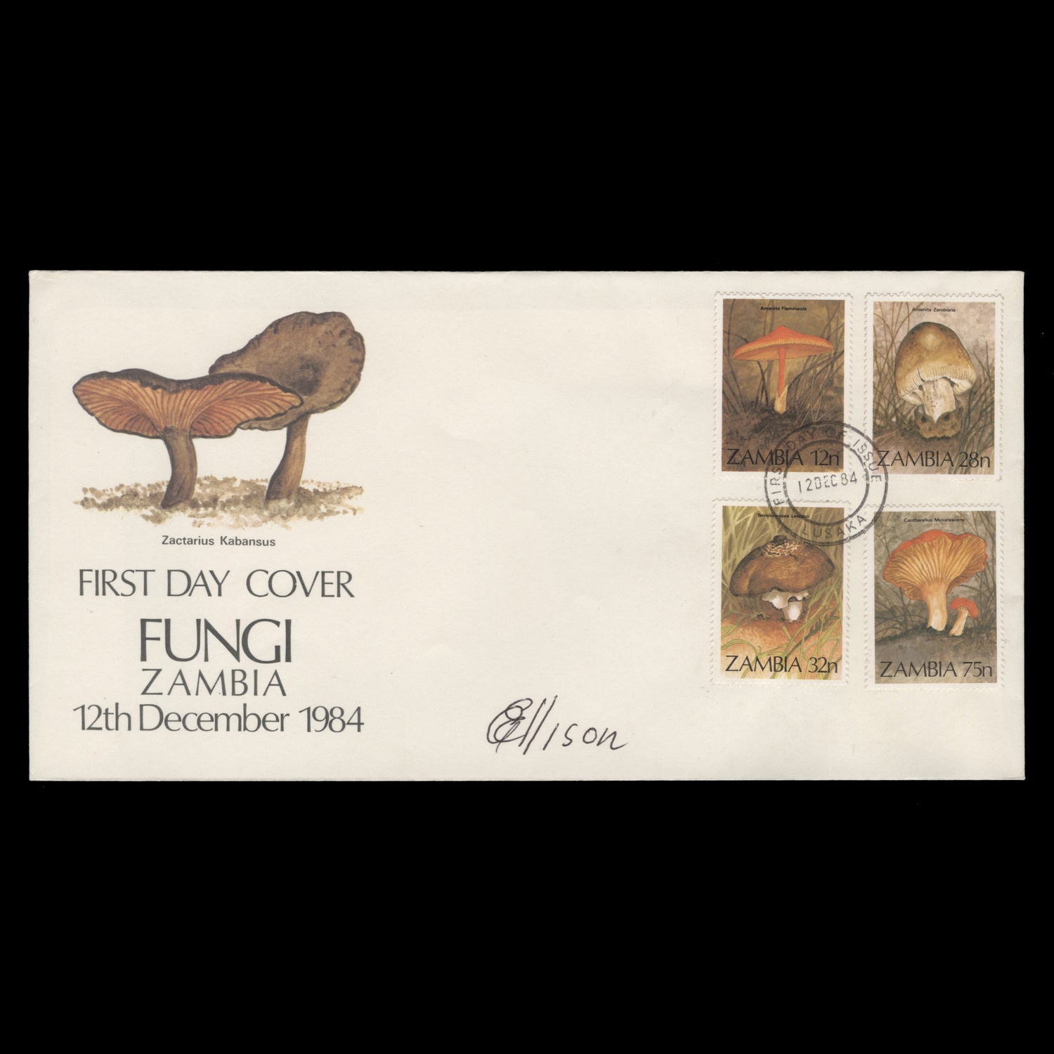 Zambia 1984 Fungi first day cover signed by designer Gabriel Ellison ...