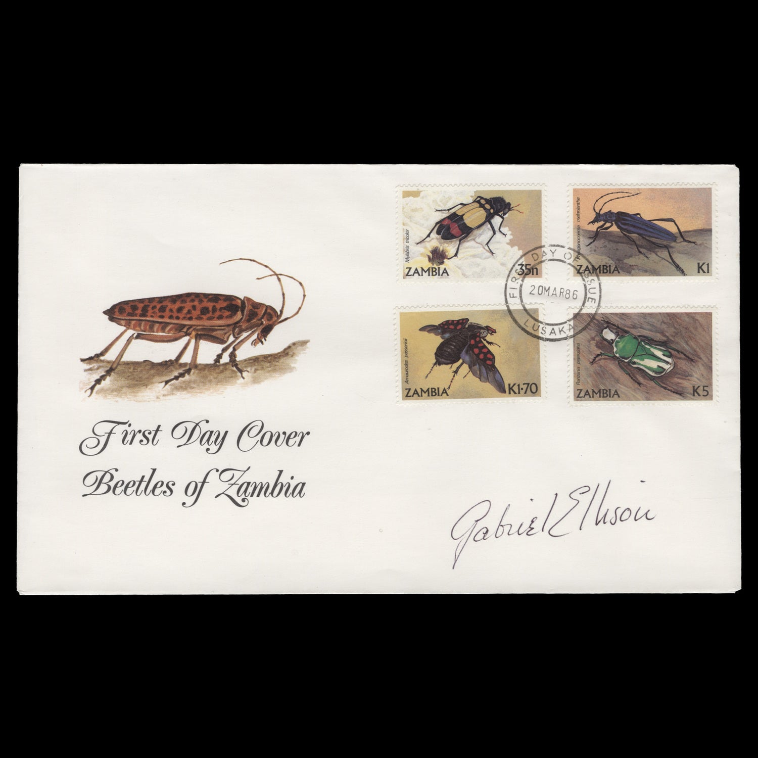 Zambia 1986 Beetles first day cover signed by designer Gabriel Ellison ...