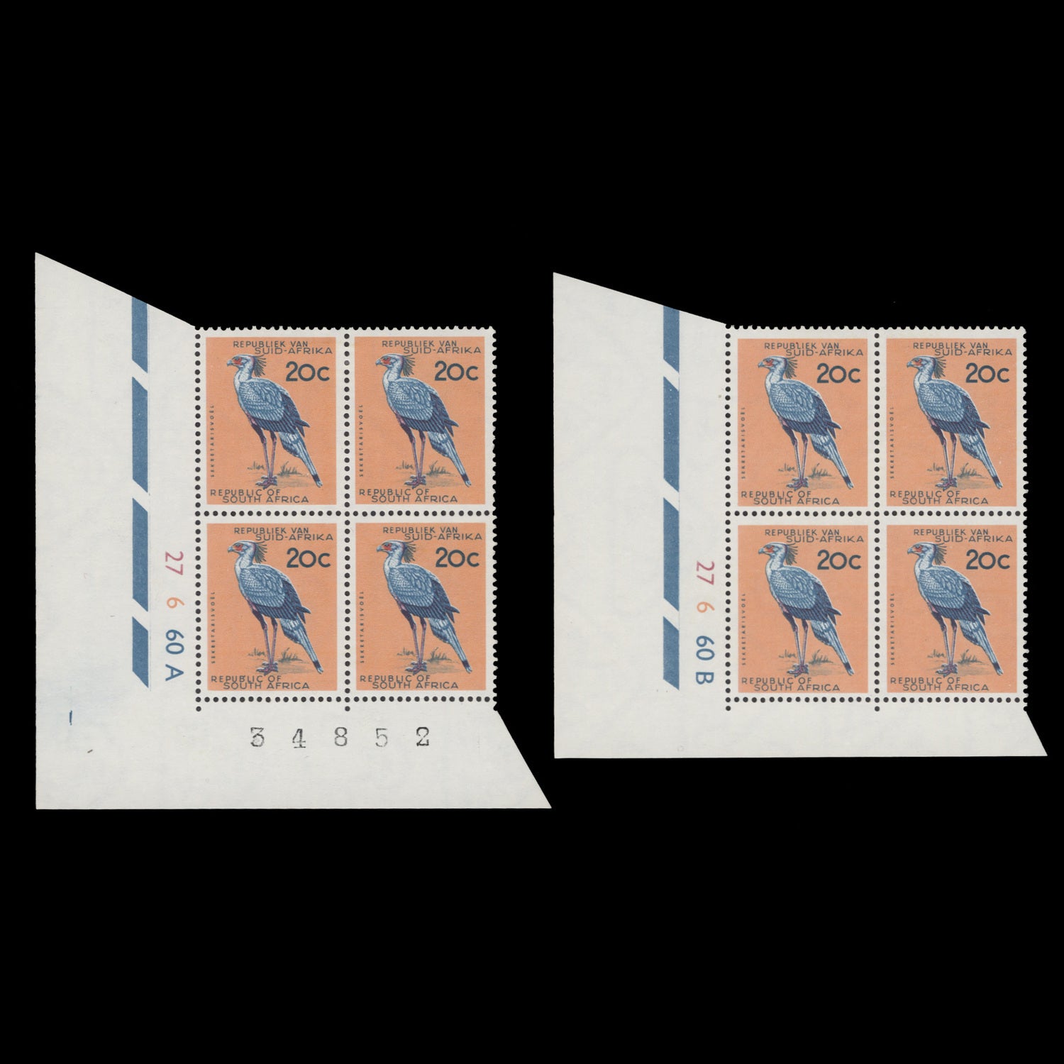 South Africa 1964 (MLH) 20c Secretary Bird cyl blocks, RSA wmk ...