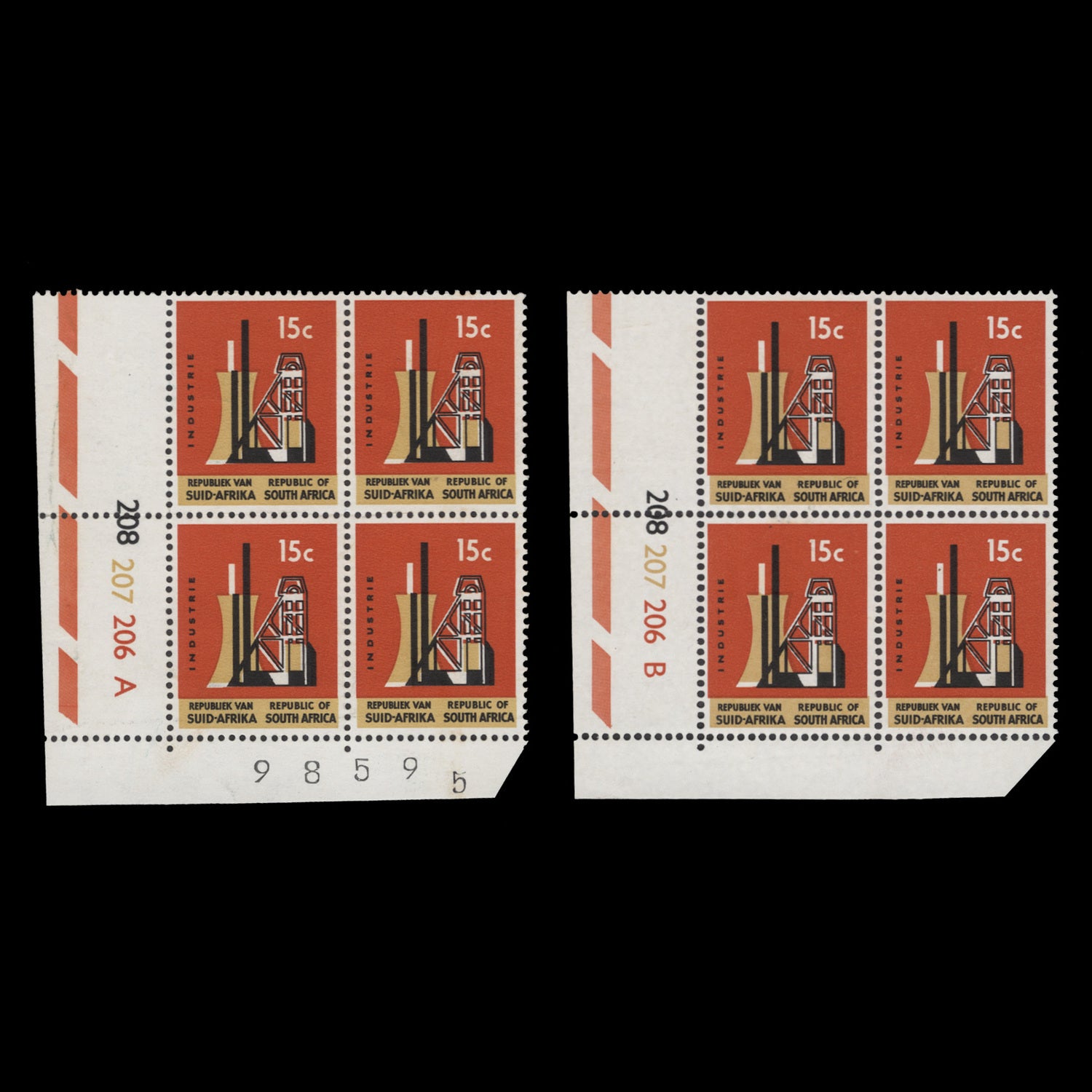 South Africa 1967 (MLH) 15c Industry cylinder blocks, RSA watermark ...