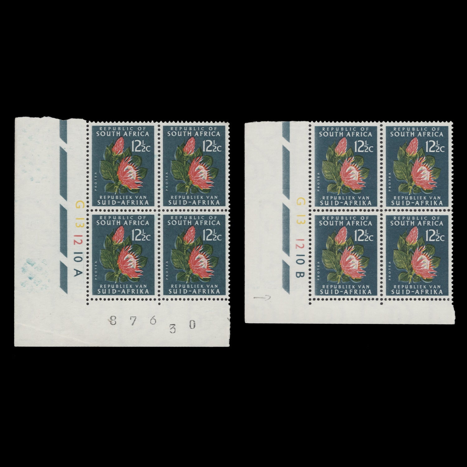 South Africa 1966 (MNH) 12½c Protea cylinder blocks, RSA watermark ...