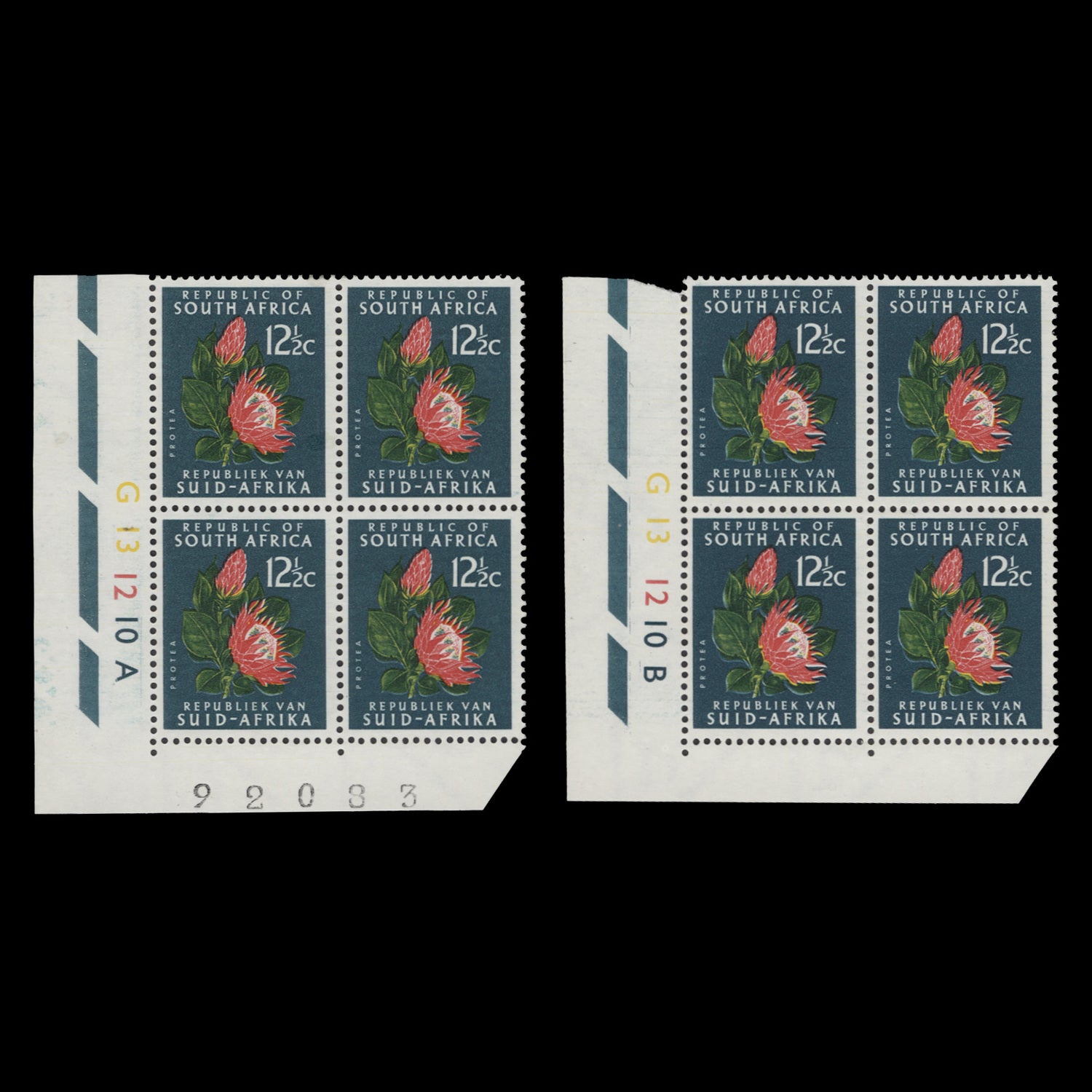 South Africa 1966 (MLH) 12½c Protea cylinder blocks, RSA watermark ...