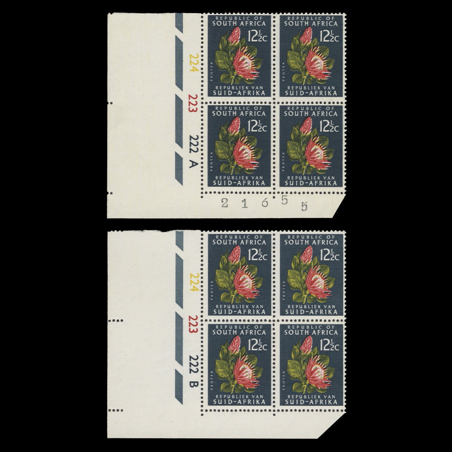South Africa 1967 (MNH) 12½c Protea cylinder blocks, RSA watermark ...