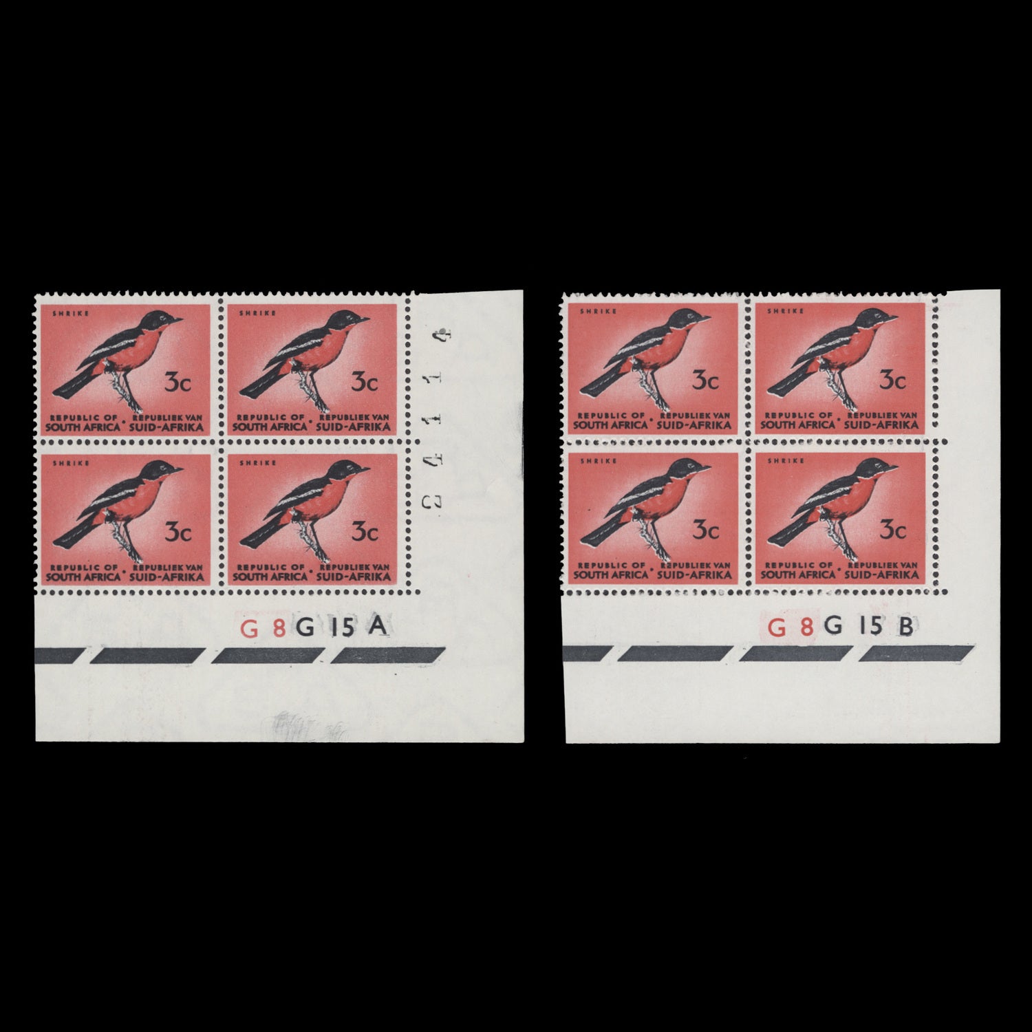 South Africa 1964 (MLH) 3c Shrike cylinder blocks, RSA watermark ...