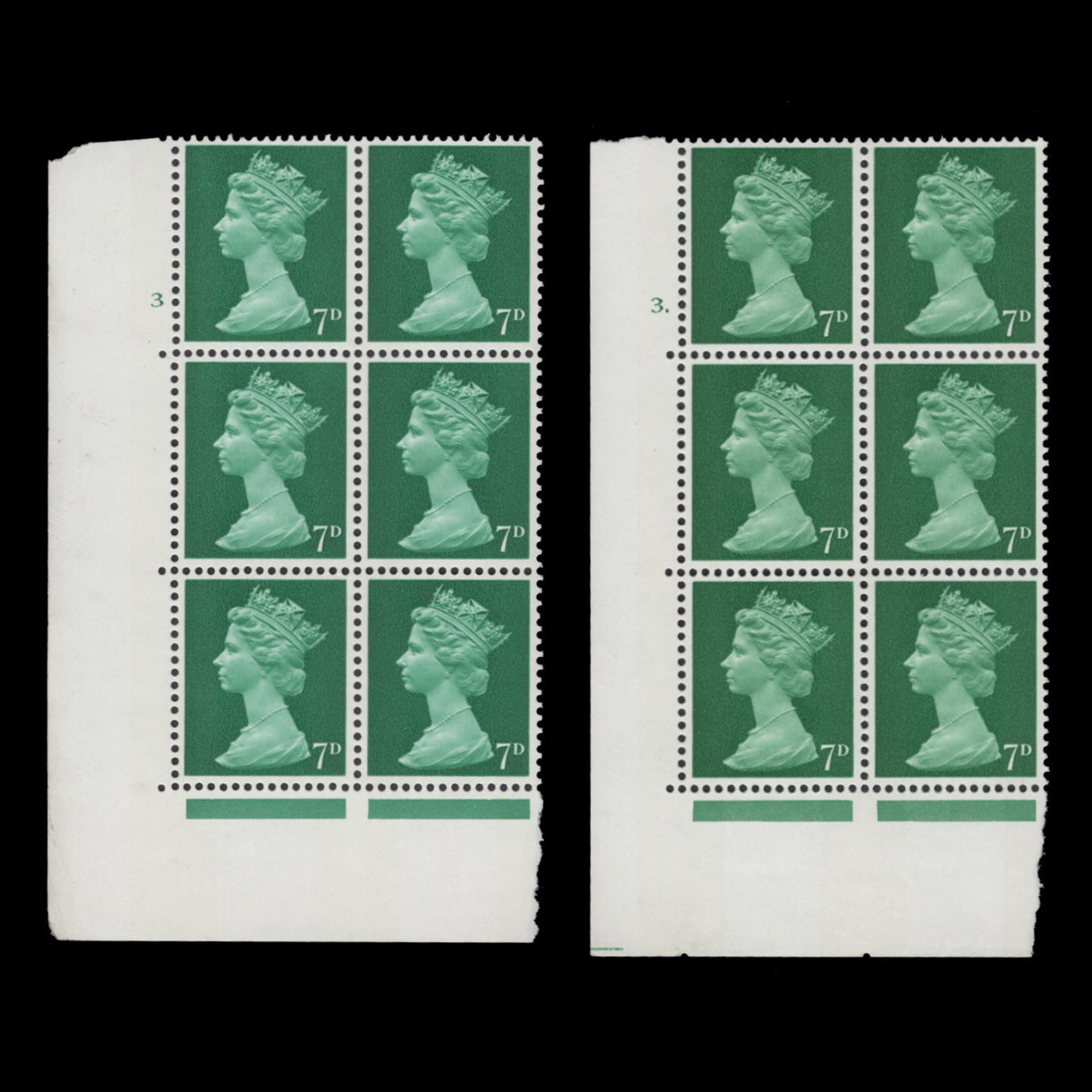 Great Britain 1968 (MNH) 7d Bright Emerald cylinder 3 and 3. blocks ...