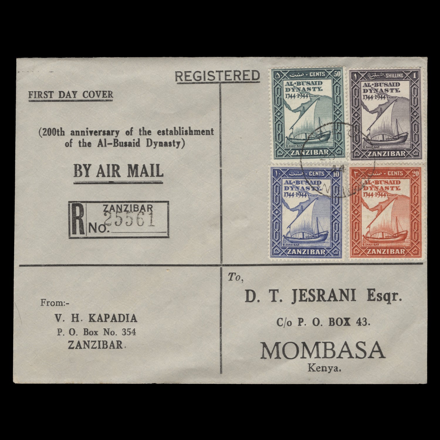 Zanzibar 1944 (FDC) Al-Busaid Dynasty Bicentenary – ZEBOOSE.COM